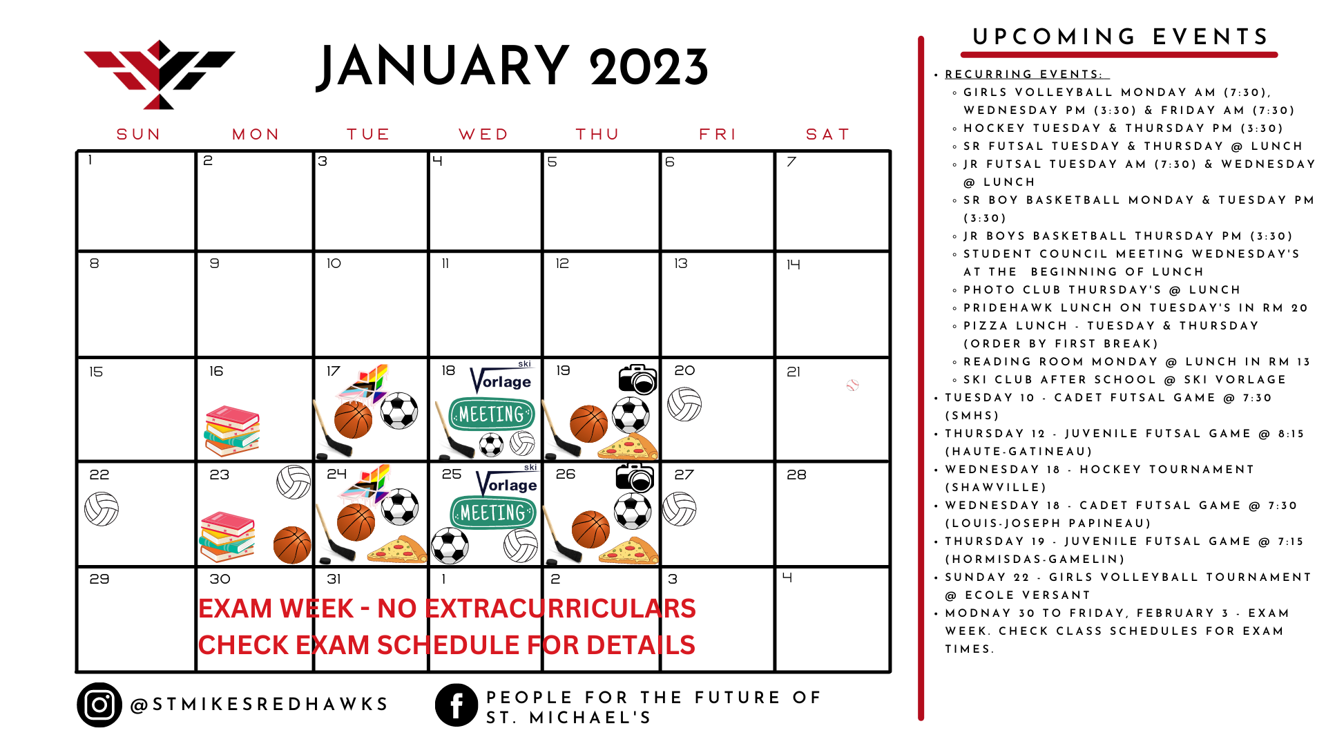 January Student Social Calendar - St. Michael's High School